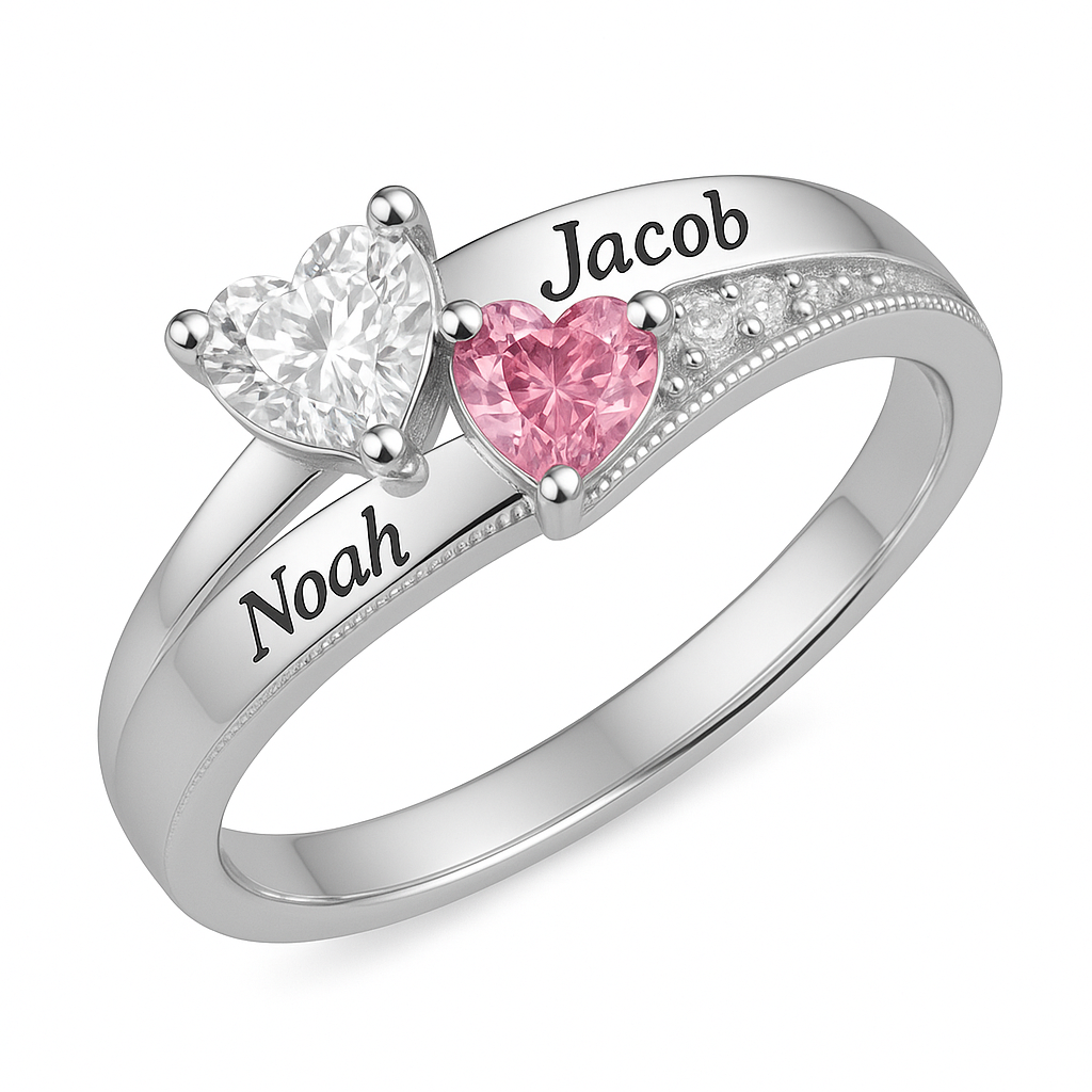 Two Stone Engraved Promise Ring with Names for Couples